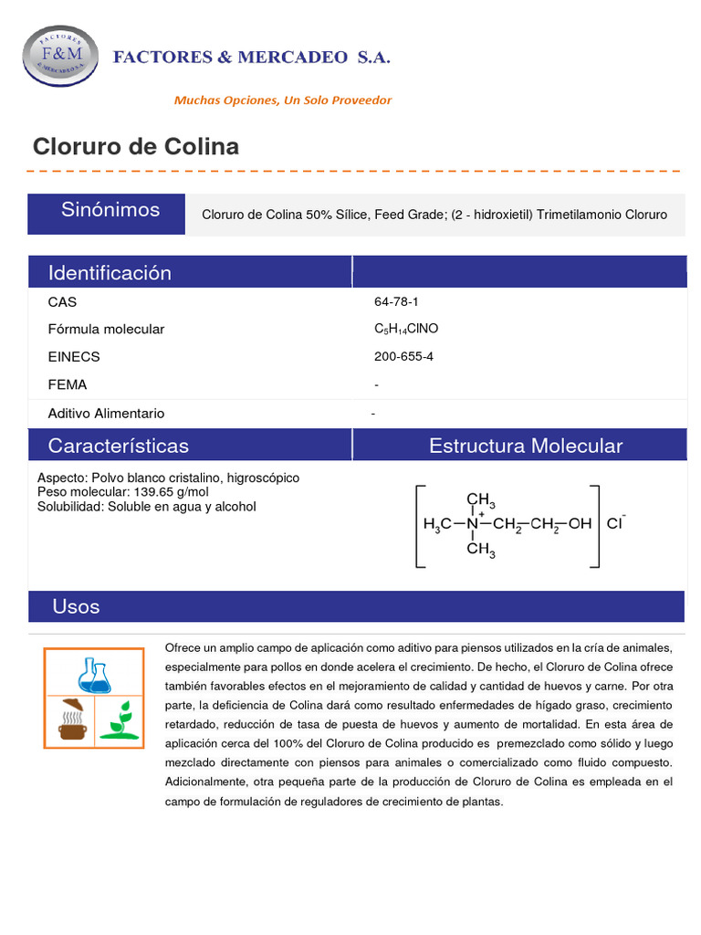 Ficha Técnica del Cloruro de Colina | PDF | Dióxido de carbono | Carbón