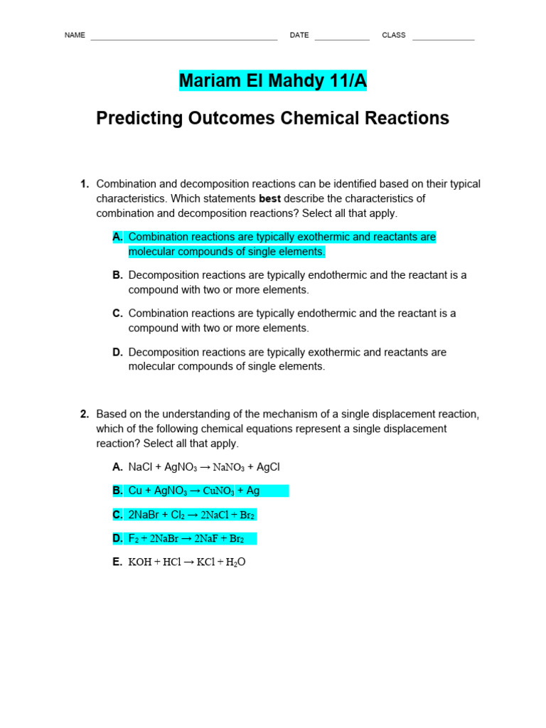 Chemistry Reaction Predictions | PDF | Chemical Reactions | Corrosion