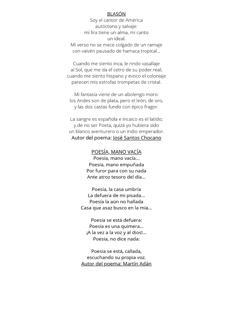 Autor Del Poema: José Santos Chocano Poesía, Mano Vacía | PDF