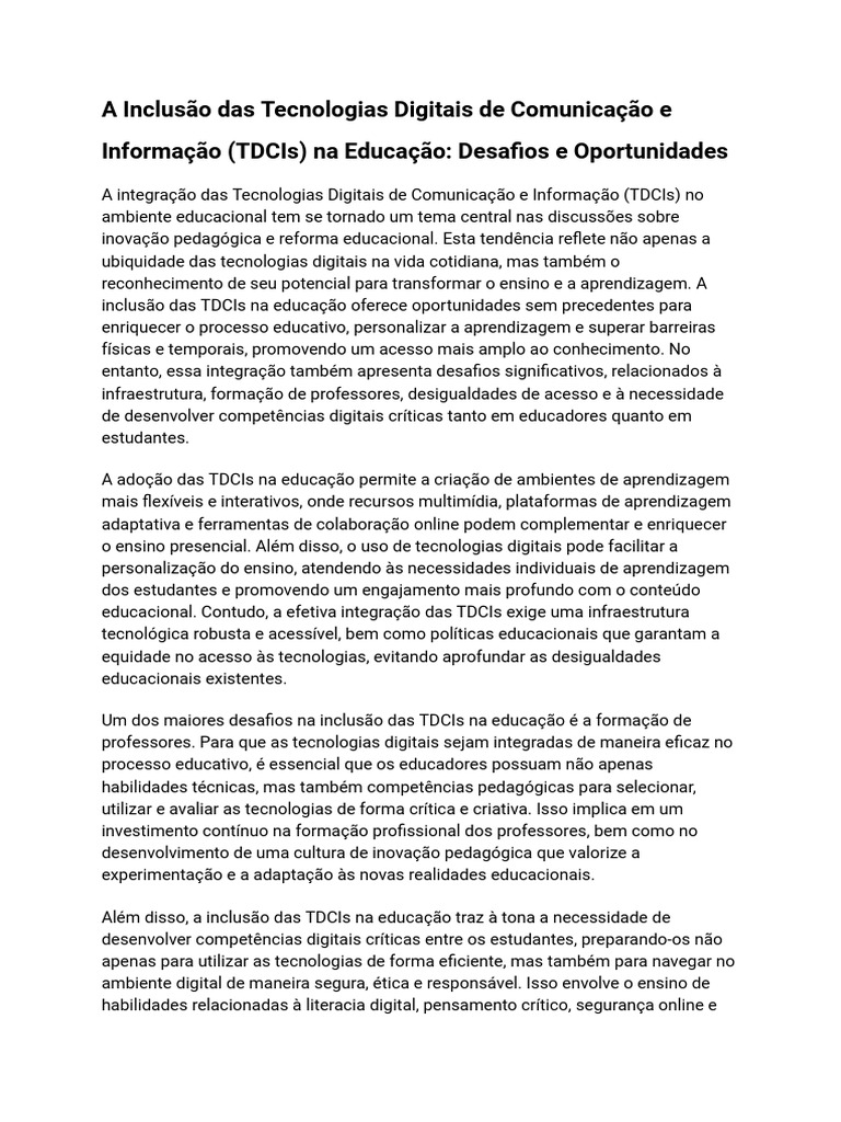 A Inclusão Das Tecnologias Digitais de Comunicação e Informação (TDCIs ... A Inclusão Das Tecnologias Digitais de Comunicação e Informação (TDCIs ...