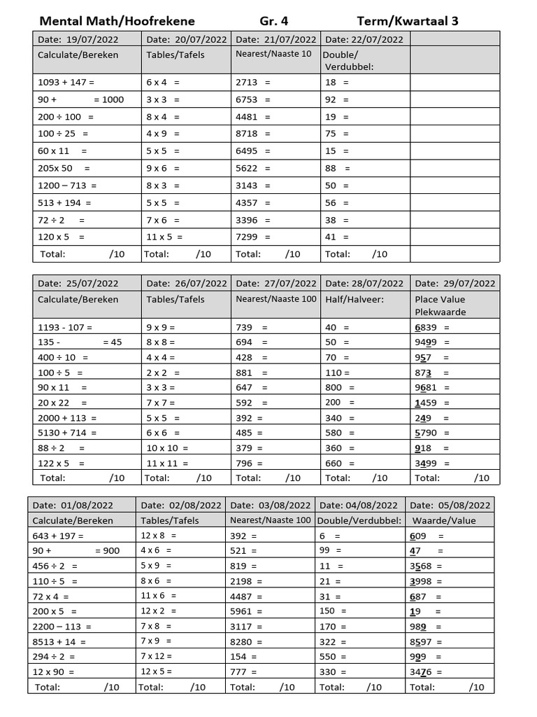 Mental Math GR 4 - Term 3 | Download Free PDF | Mathematics | Arithmetic Mental Math GR 4 - Term 3 | Download Free PDF | Mathematics | Arithmetic