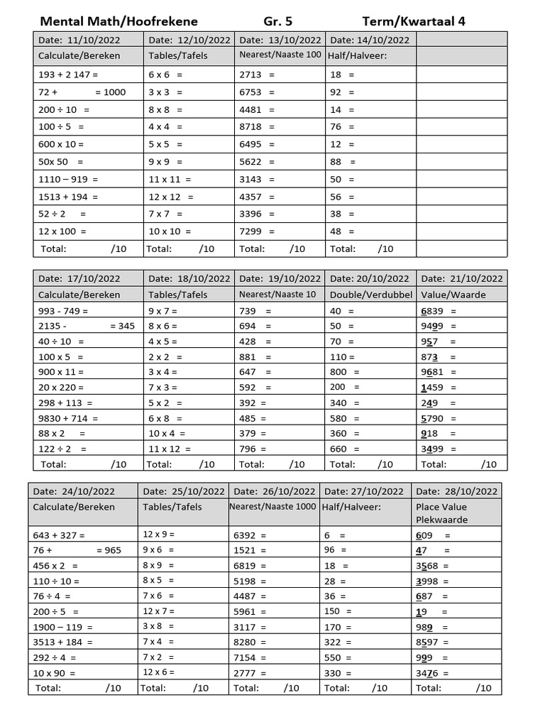 Mental Math GR 4 - Term 4 | PDF | Mathematics | Arithmetic