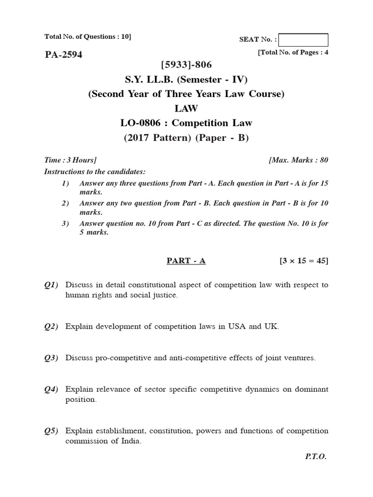 October 2022 LLB 4th Sem Pyq | PDF | Arbitration | Competition Law