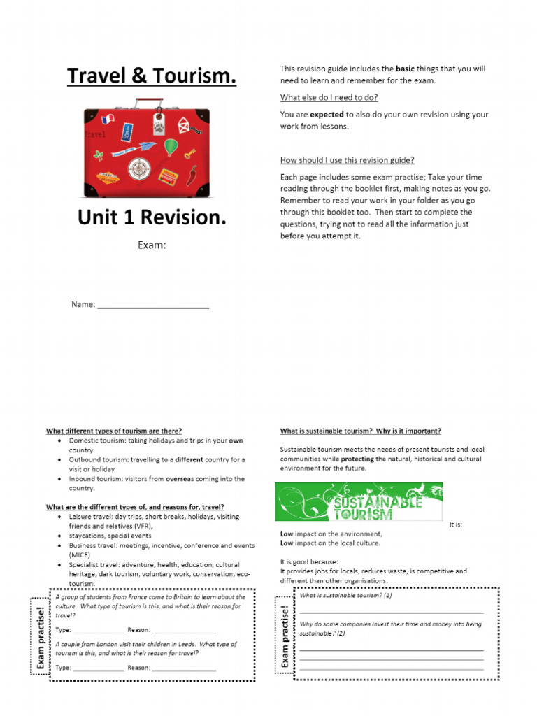 Travel & Tourism. Unit 1 Revision. Exam - PDF | PDF