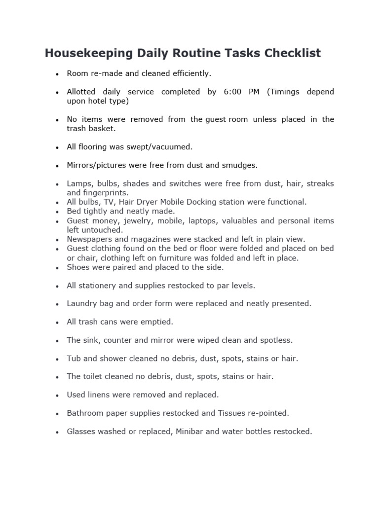 Housekeeping Daily Routine Tasks | PDF
