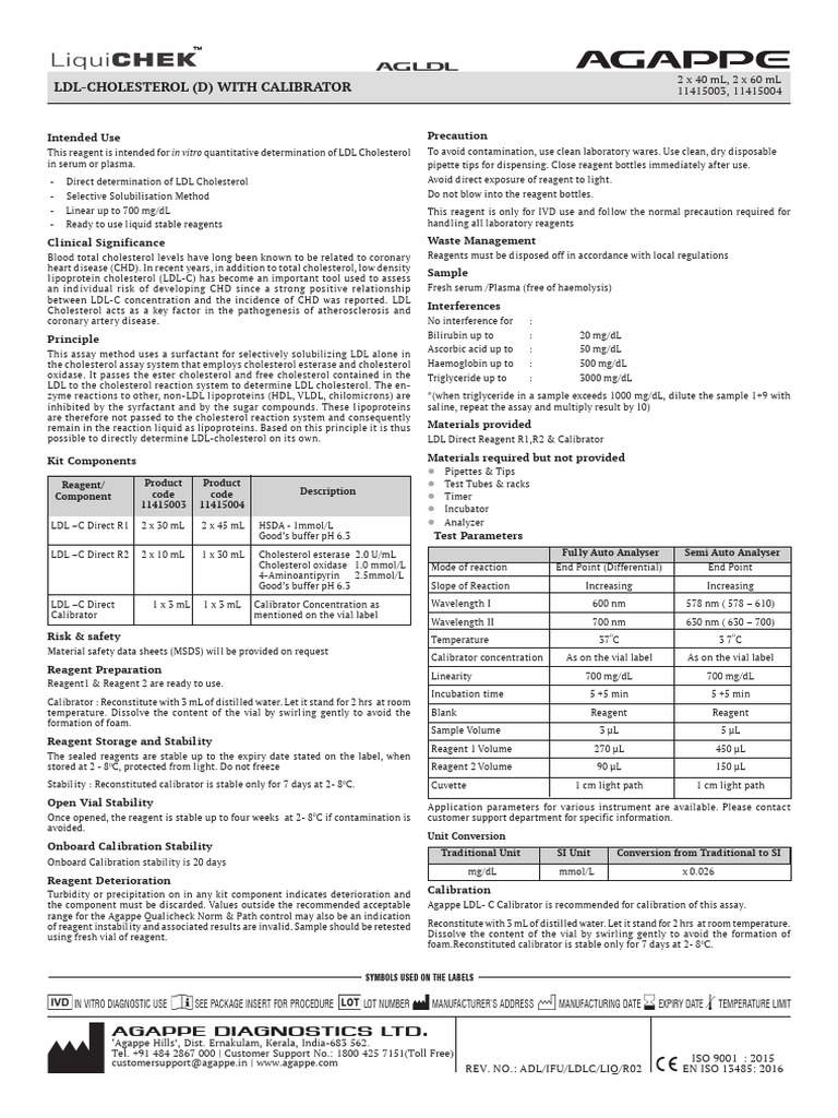 Ldl-Cholesterol (D) With Calibrator: Agappe Diagnostics LTD | Download ...