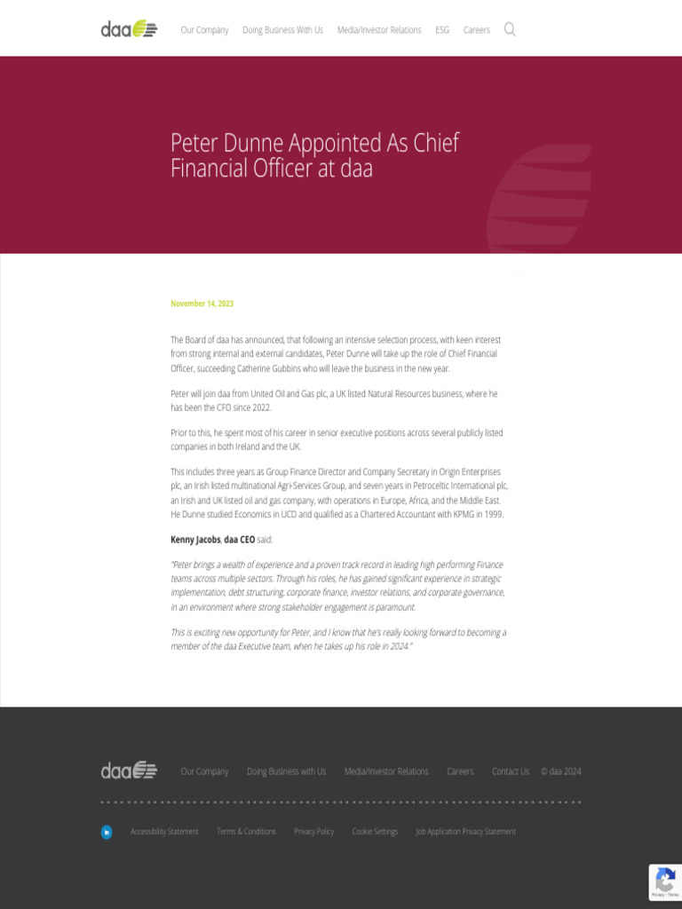 Peter Dunne Appointed As Chief Financial Officer at Daa - Daa | PDF