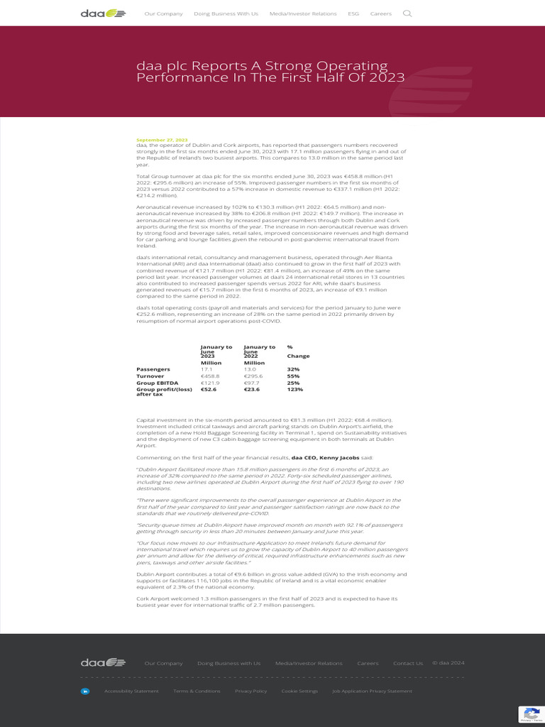 Daa PLC Reports A Strong Operating Performance in The First Half of 2023 - Daa | PDF | Economies