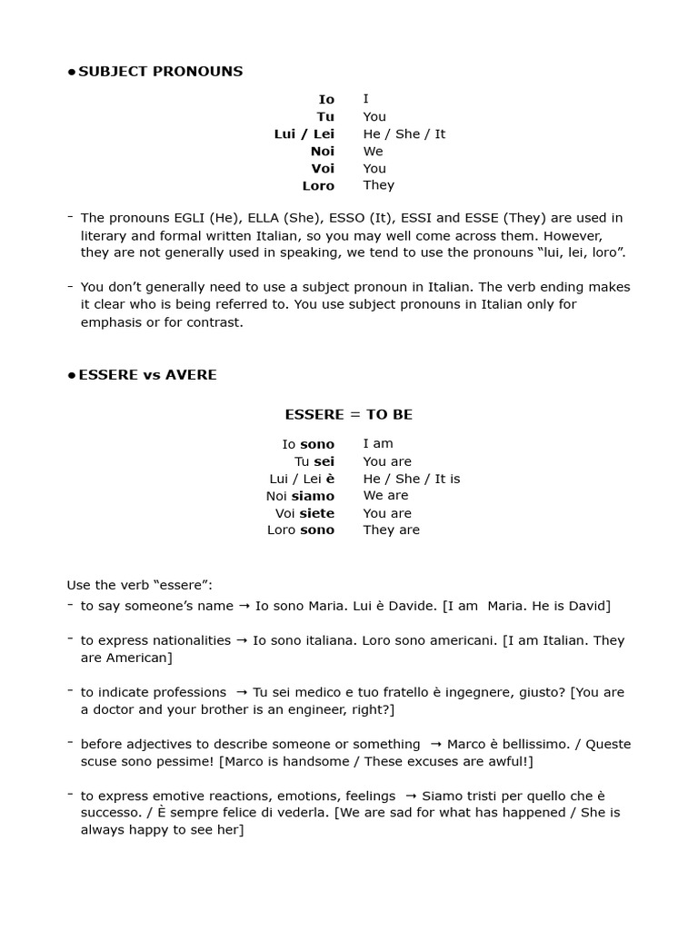 Subject Pronouns - Essere Vs Avere | PDF | Linguistics | Language Mechanics