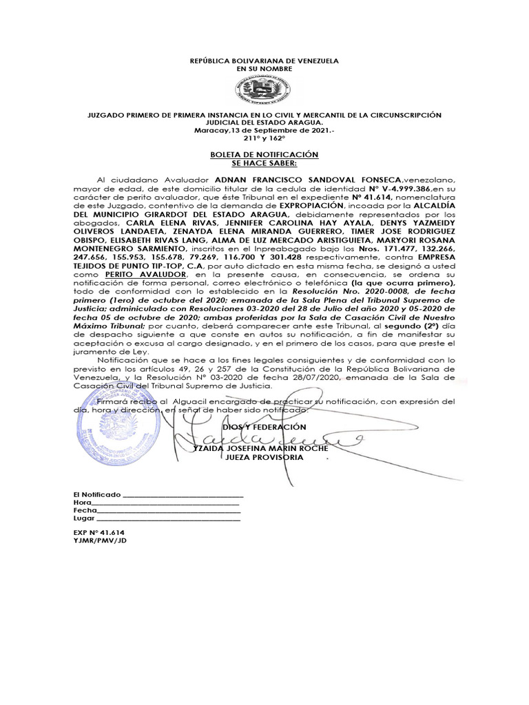 Boleta de Notificacion Adnan Francisco Sandoval Fonseca 41.614 ...