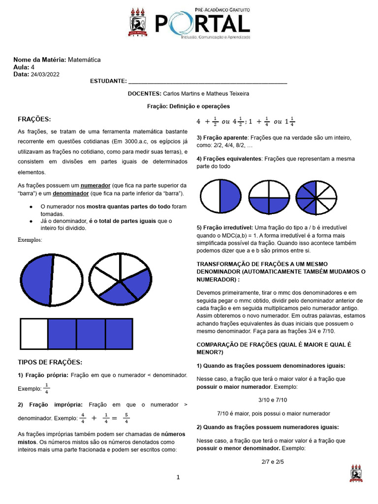 Comparação e Operações com Frações | PDF | Matemática elementar ...