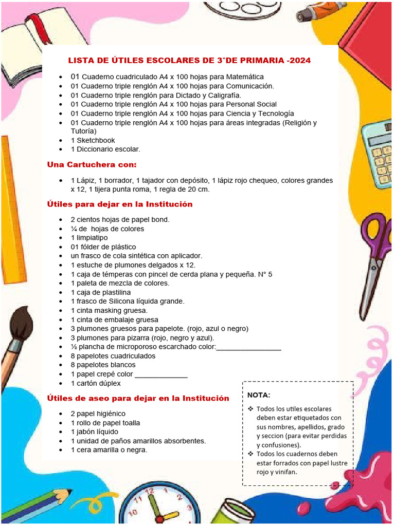Lista de Utiles de 3 Grado-Primaria | PDF