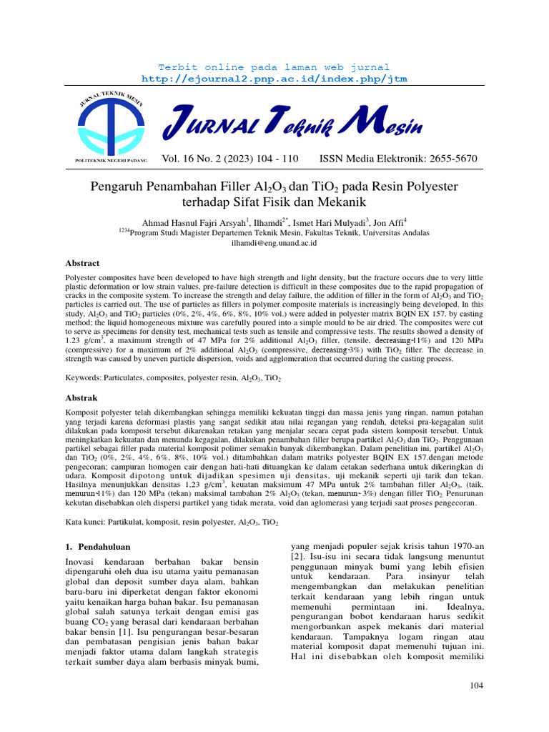 Urnal Eknik Esin: Pengaruh Penambahan Filler Al O Dan Tio Pada Resin ...