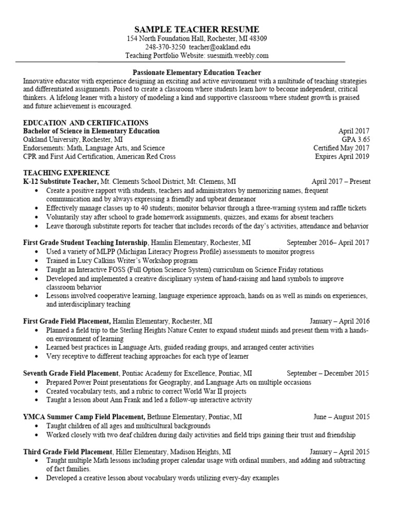 Sample Elementary Ed Resume | PDF | Teachers | Mathematics