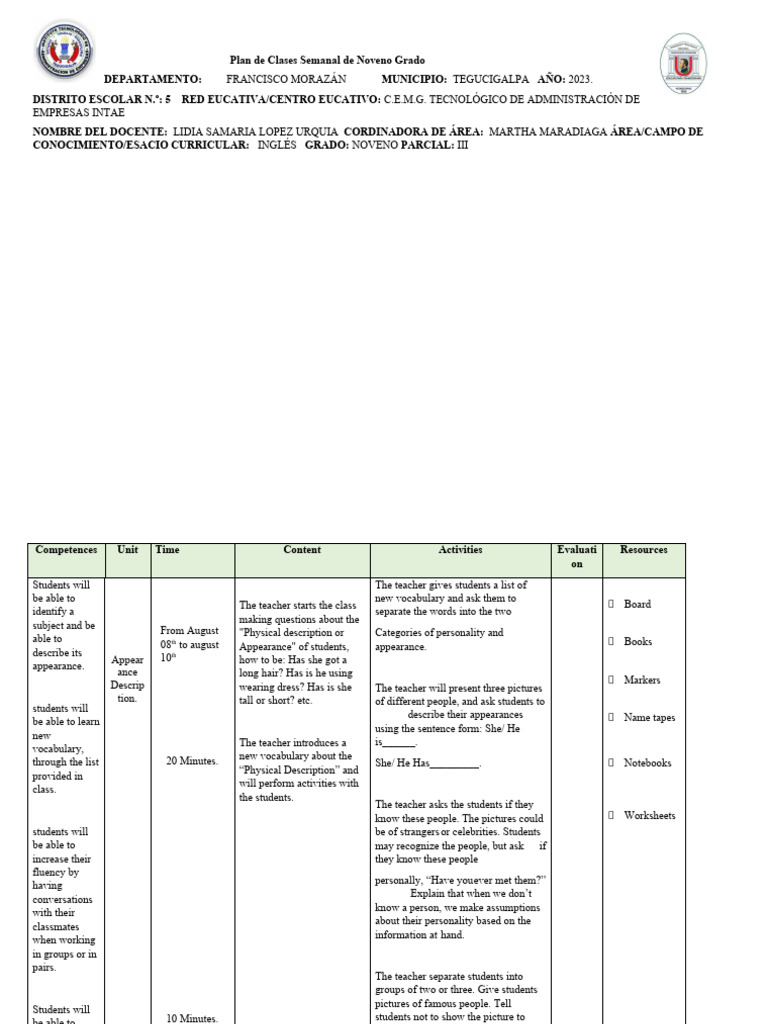 Lesson Plan PHYSICAL DESCRIPTION Ninth Grade IIP | PDF | Cognitive ...