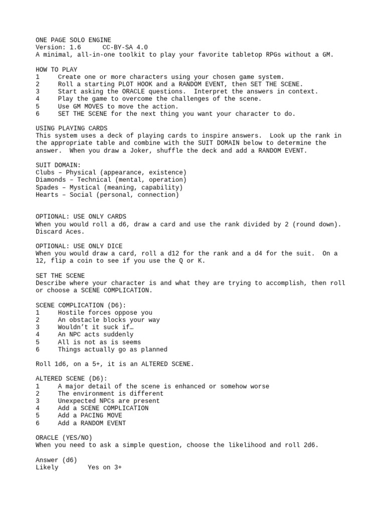One Page Solo Engine - Plain Text | PDF | Role Playing Games | Tabletop ...