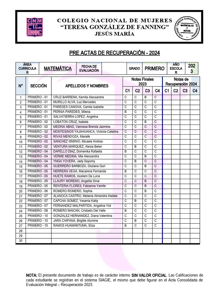 Primero - Pre Actas - 2024 | PDF