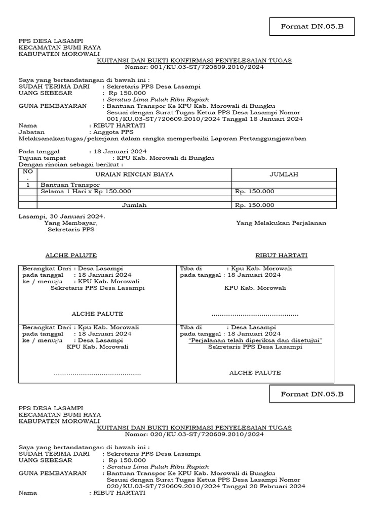 Format DN.05.B Kuitansi Dan Bukti Konfirmasi Penyelesaian Tugas | PDF