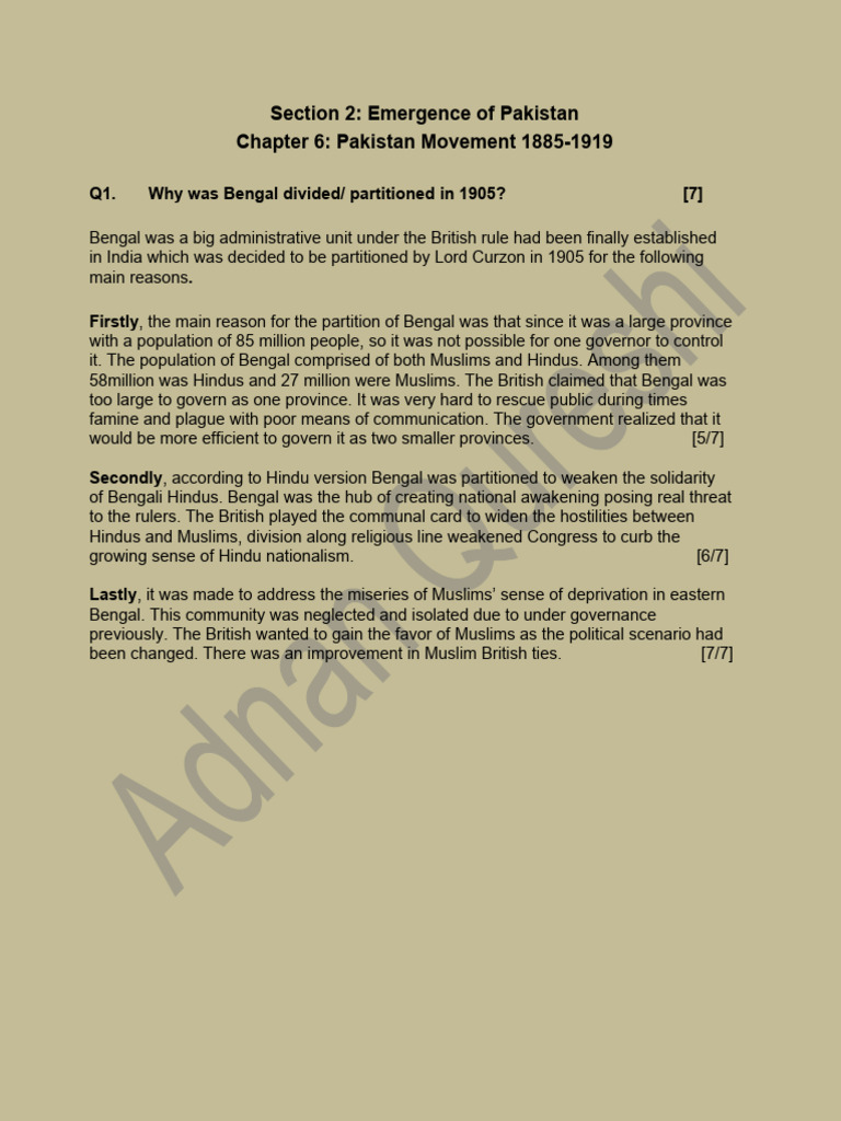 Chapter 6 Pakistan Movement Questions | PDF | British Raj | Partition ...