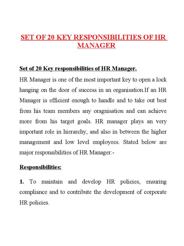 20 Roles and Responsibilities of HR Manager | PDF | Human Resource ...