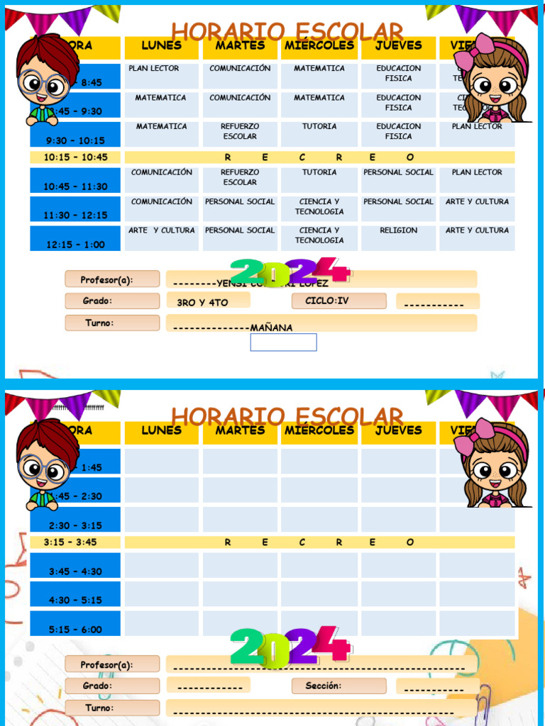 Horario Escolar para 3ro y 4to Grado | PDF
