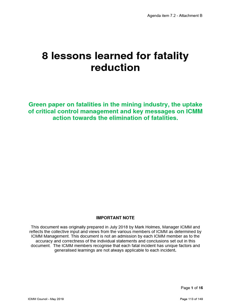 ICMM 8 Lessons For Fatalities Green Paper | PDF | Risk | Occupational Safety And Health