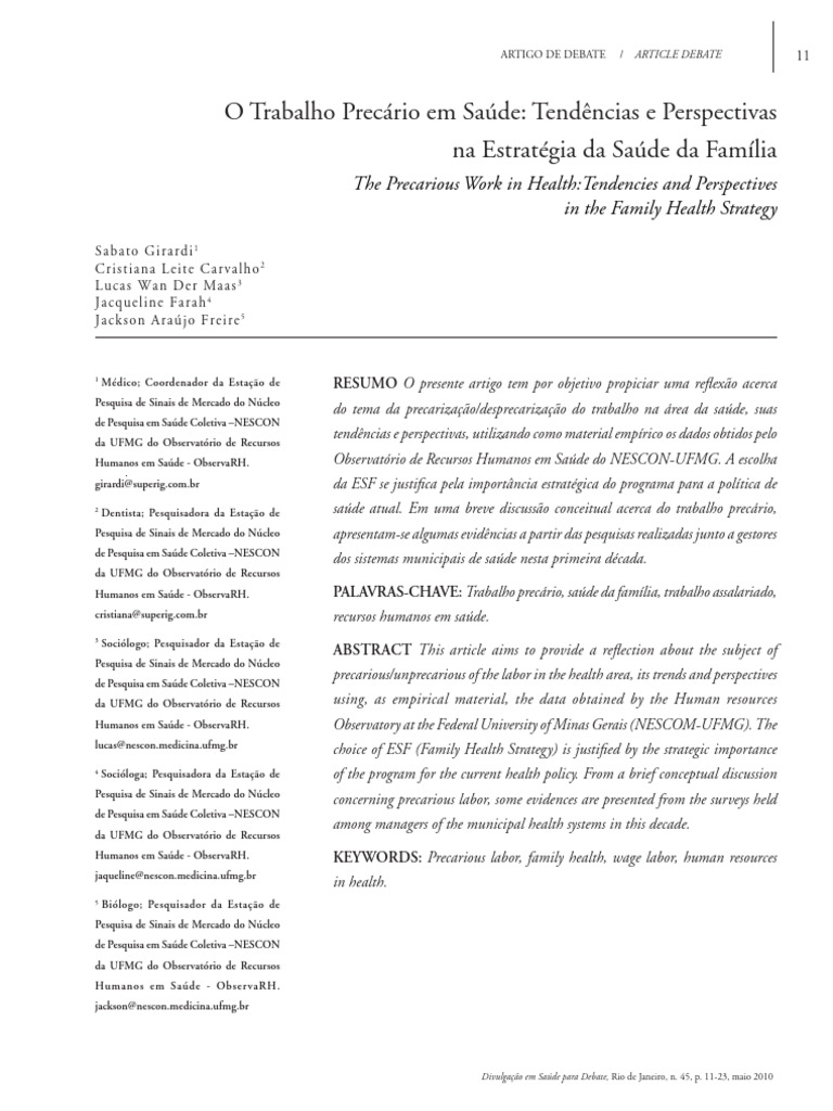 O Trabalho Precário em Saúde - Tendências e Perspectivas Na ESF | PDF | Família | Emprego