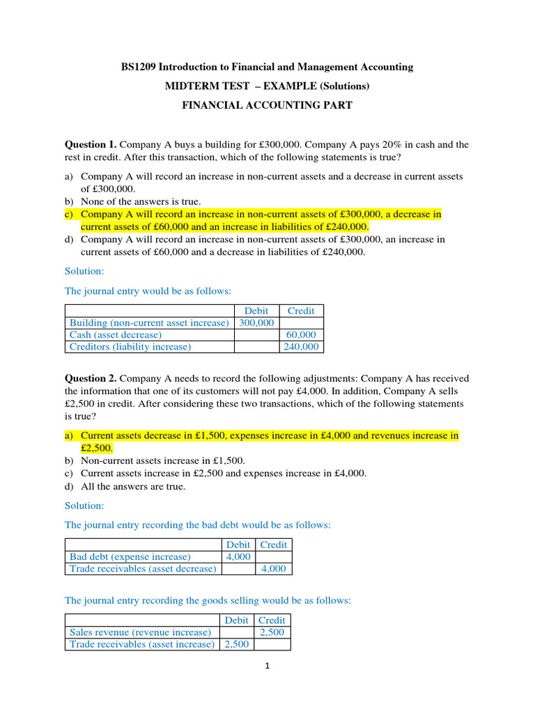 BS1209 Midterm Test Example FA Sol | PDF | Debits And Credits | Expense