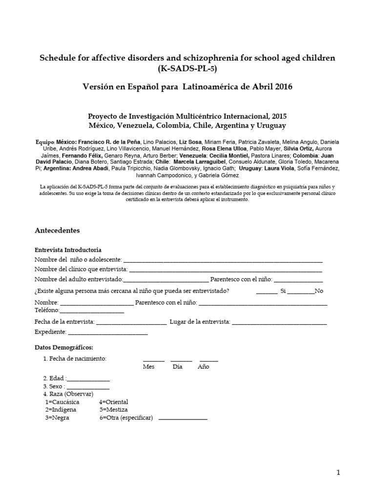 Tamizaje K-SADS-PL-5 LatinoamÃ©rica Abril 2016 OK | PDF | Depresión ...