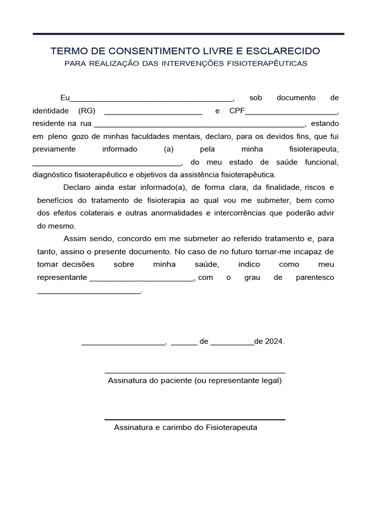 Modelo Termo de Consentimento Livre e Esclarecido Fisioterapia ...