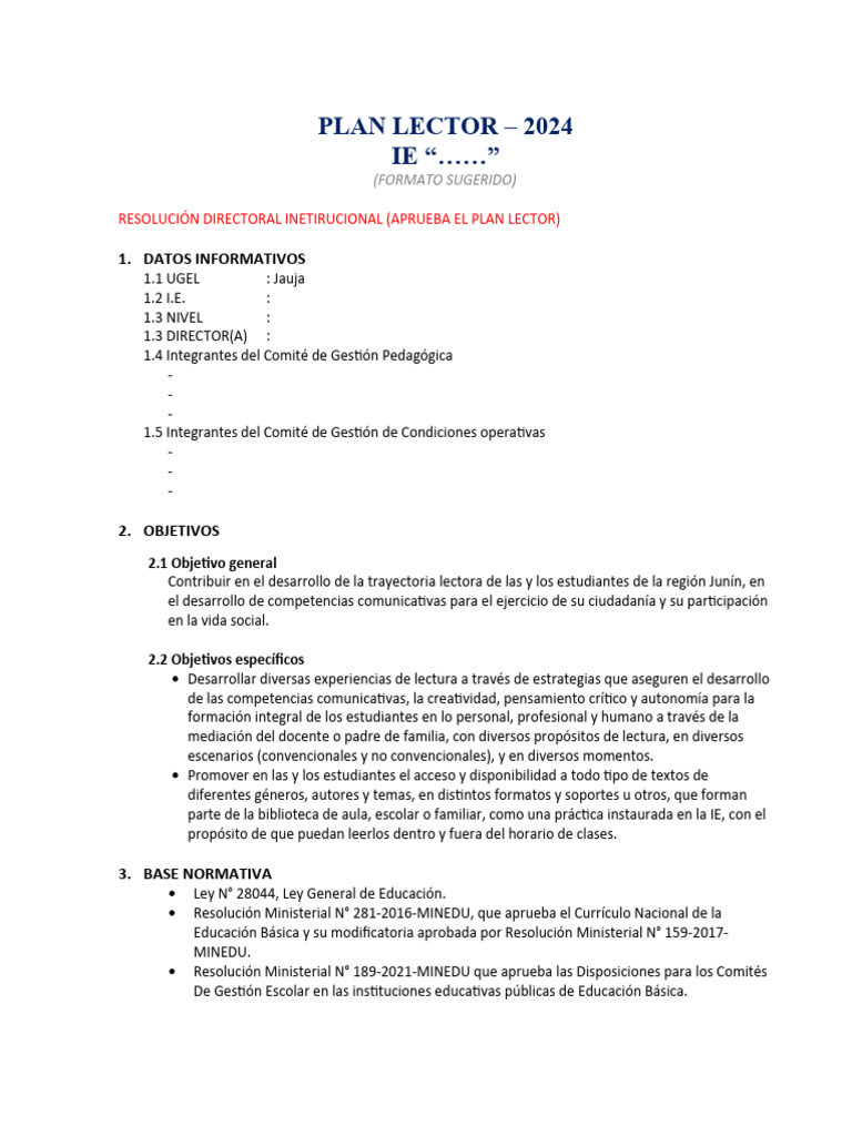 Formato - Sugerido PLAN LECTOR 2024 | PDF | Educación primaria
