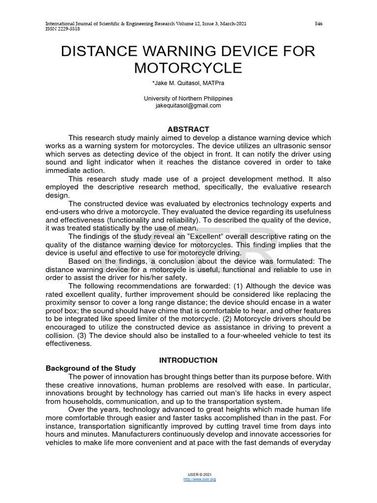 Distance Warning Device For Motorcycle | PDF | Traffic Collision | Arduino