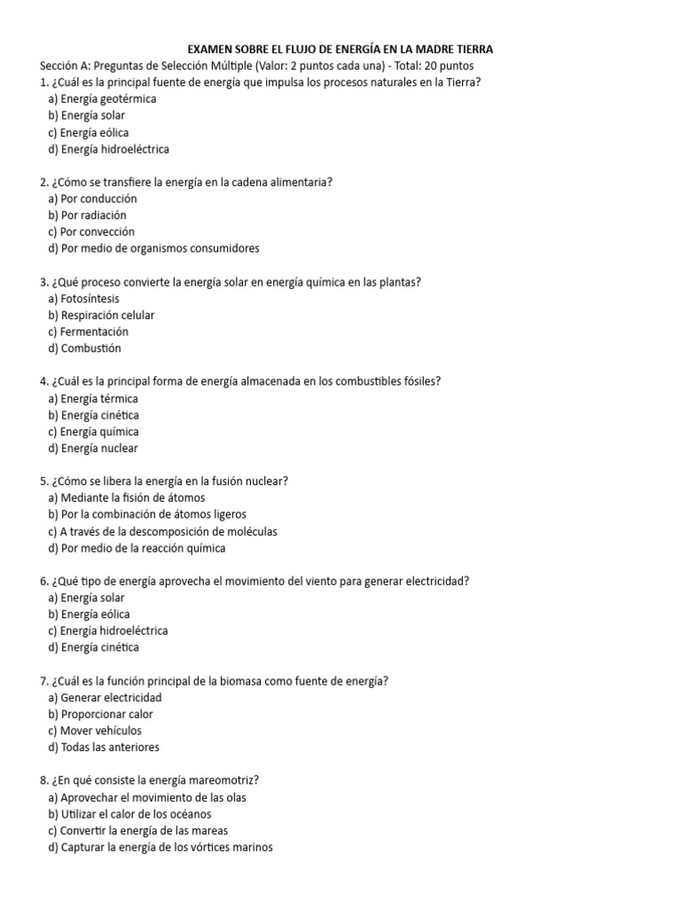Examen: Energía en la Tierra | PDF | Generación eléctrica | Energía solar