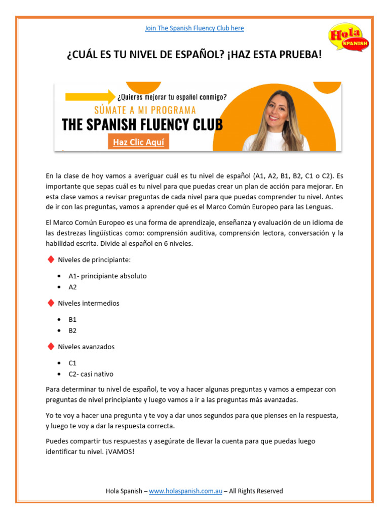 Prueba para Saber Tu Nivel de Español A1 A2 B1 B2 C1 C2 | PDF | Lengua ...