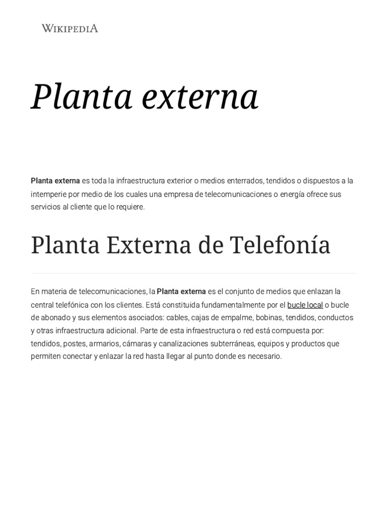 Planta Externa - Wikipedia, La Enciclopedia Libre | PDF | Infraestructura | Telecomunicaciones