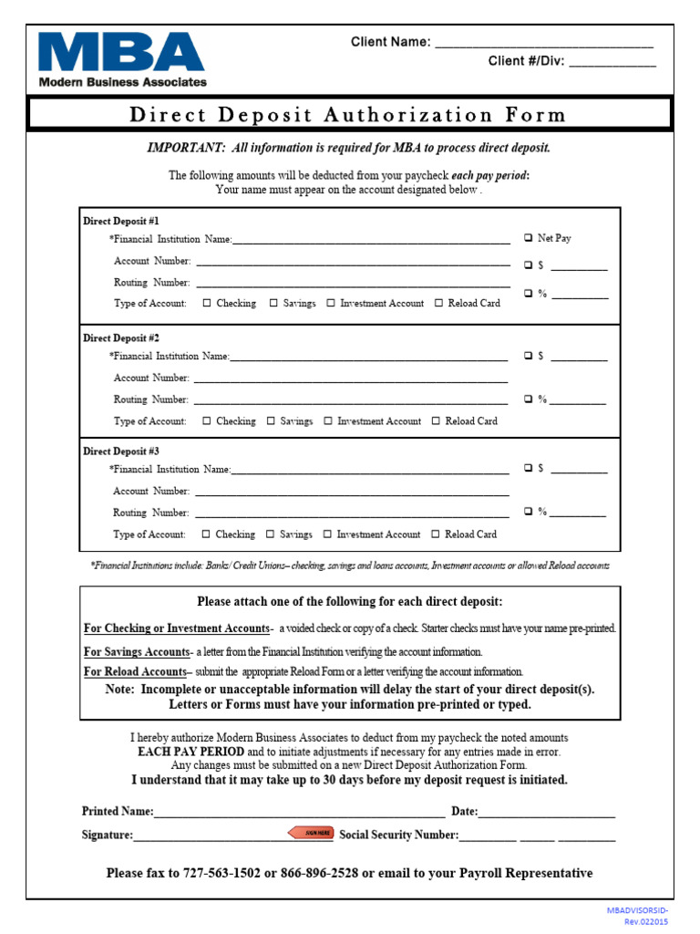 Direct Deposit Form | PDF | Paycheck | Deposit Account