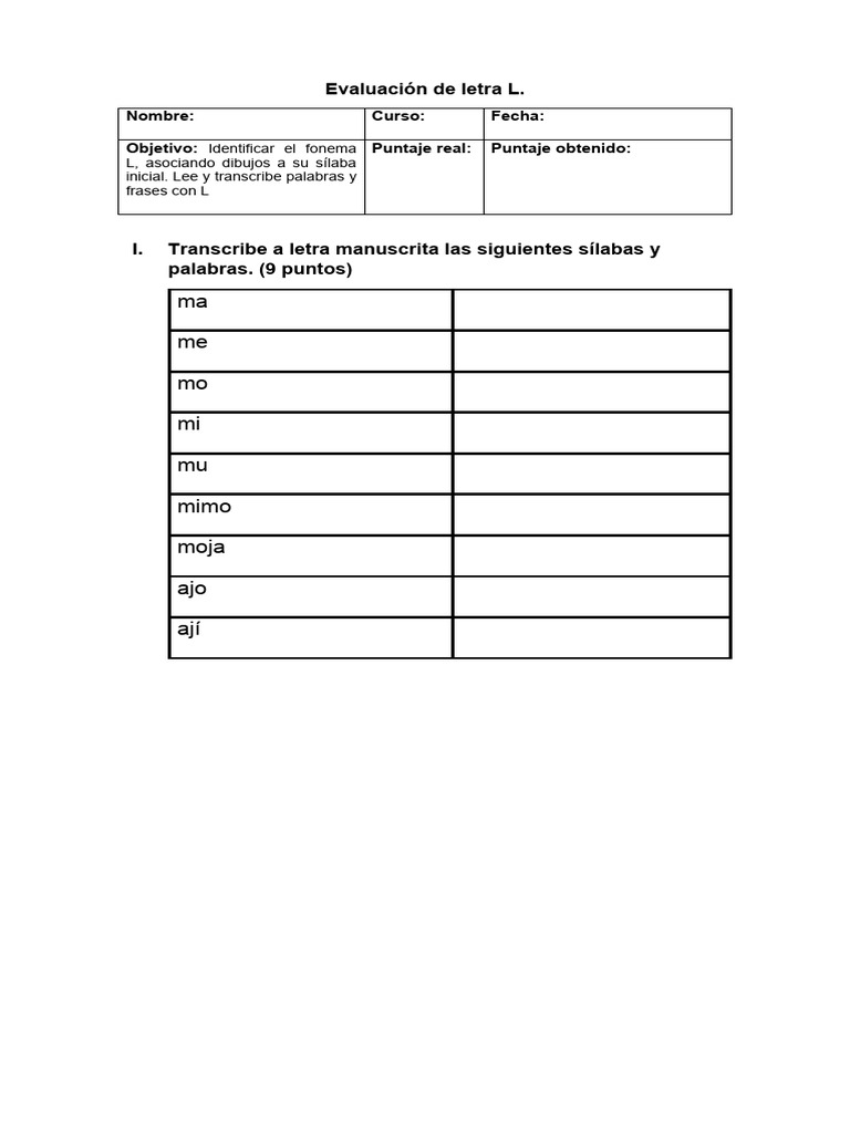 Evaluación de Letra L | PDF | Voz humana | Ortografía
