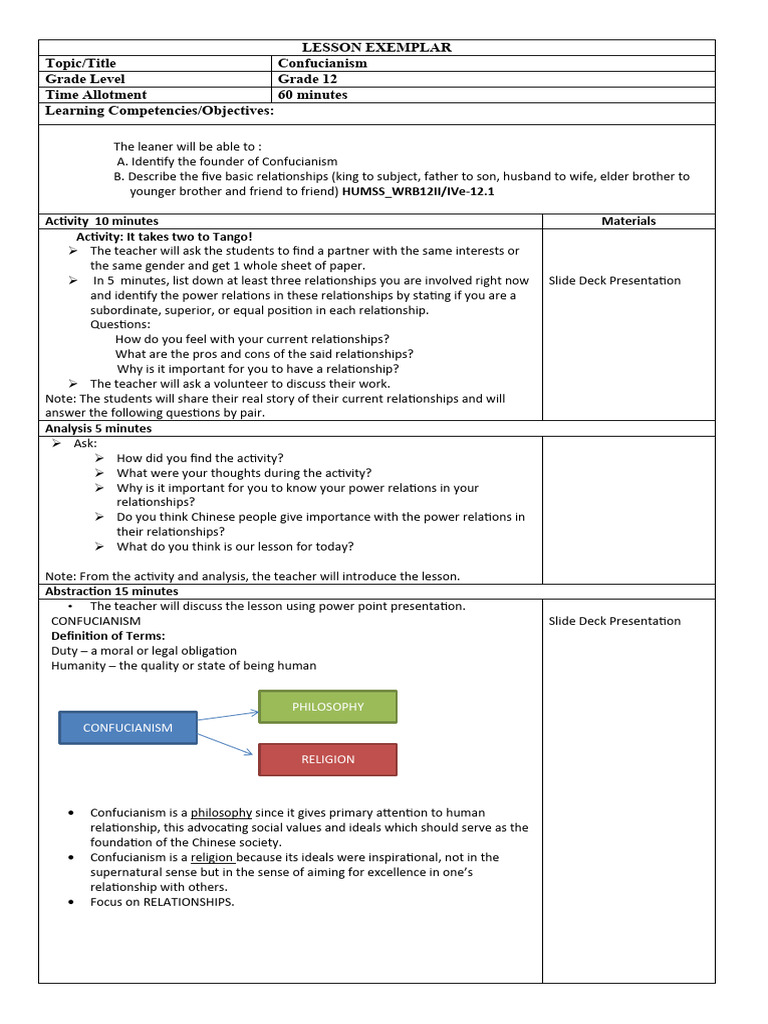 Lesson Exemplar Confucianism 2 21 2020 | PDF | Confucianism | Confucius
