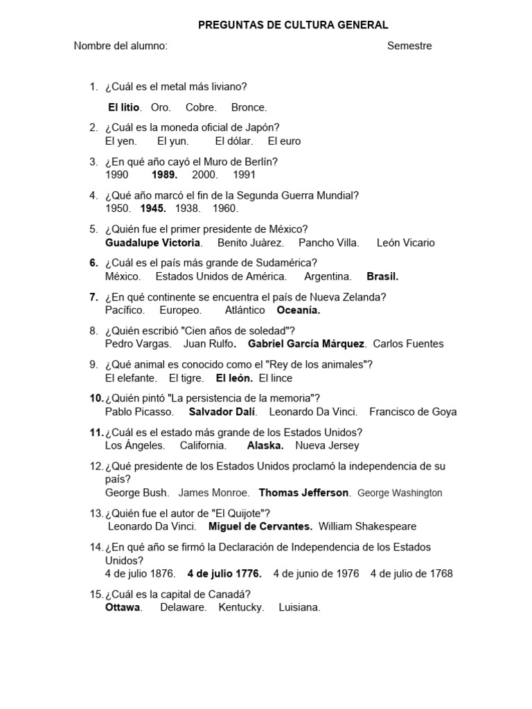 Preguntas de Cultura General | PDF | Los Estados Unidos