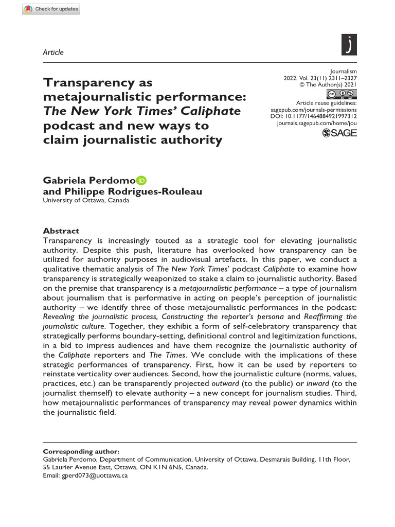 Transparency As Metajournalistic Performance | PDF | Transparency (Behavior) | Journalism