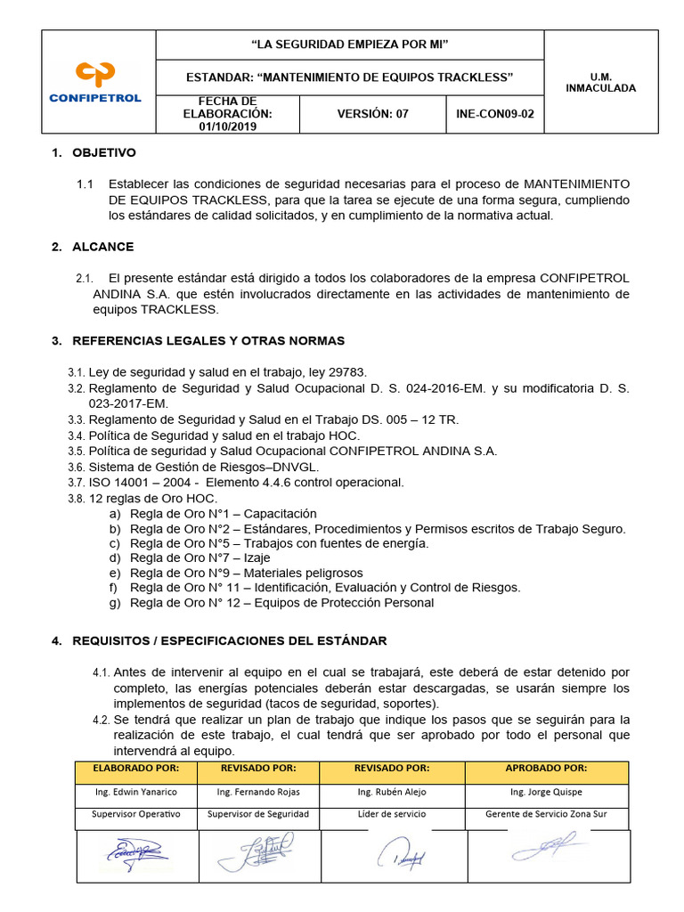 Ine-Con09-02 Mantenimiento de Equipo Trackless | PDF | Seguridad y ...