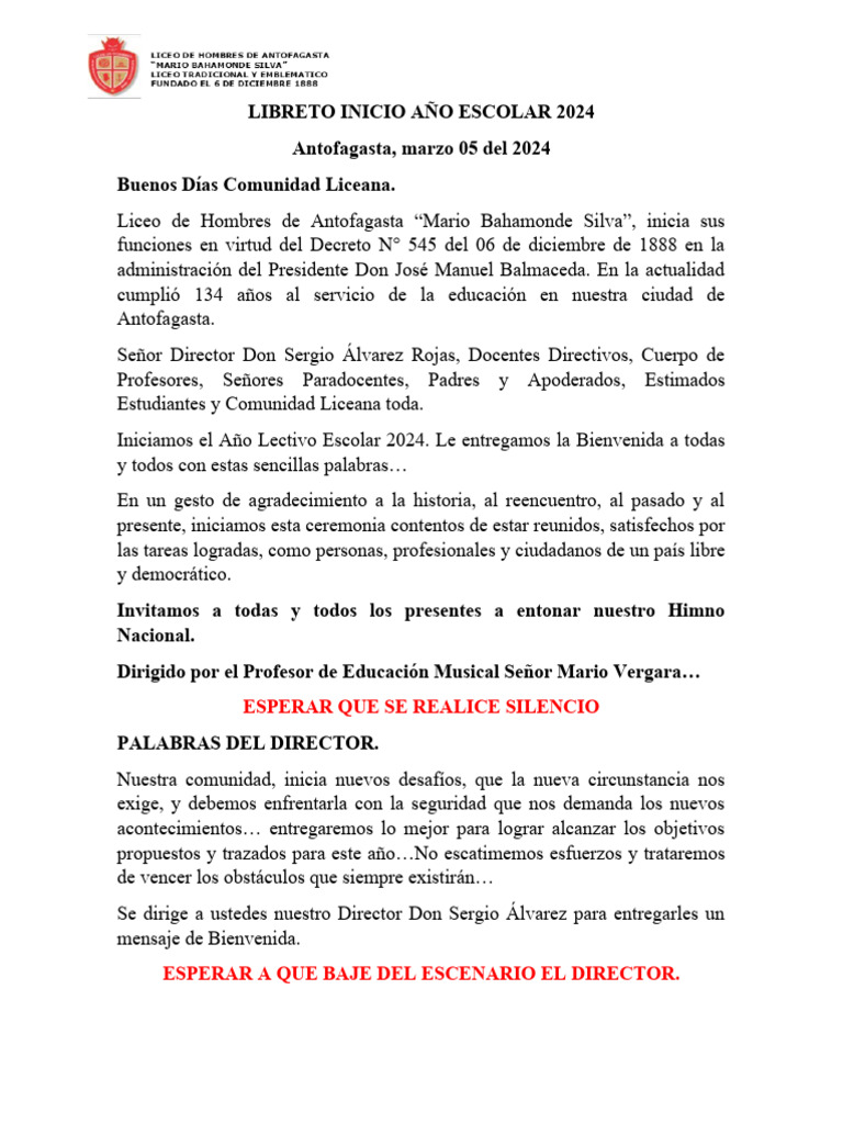 Libreto Inicio Año Escolar 2022 | PDF