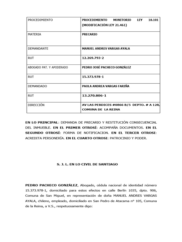 Demanda de Procedimiento Monitorio Precario | PDF | Propiedad | Justicia
