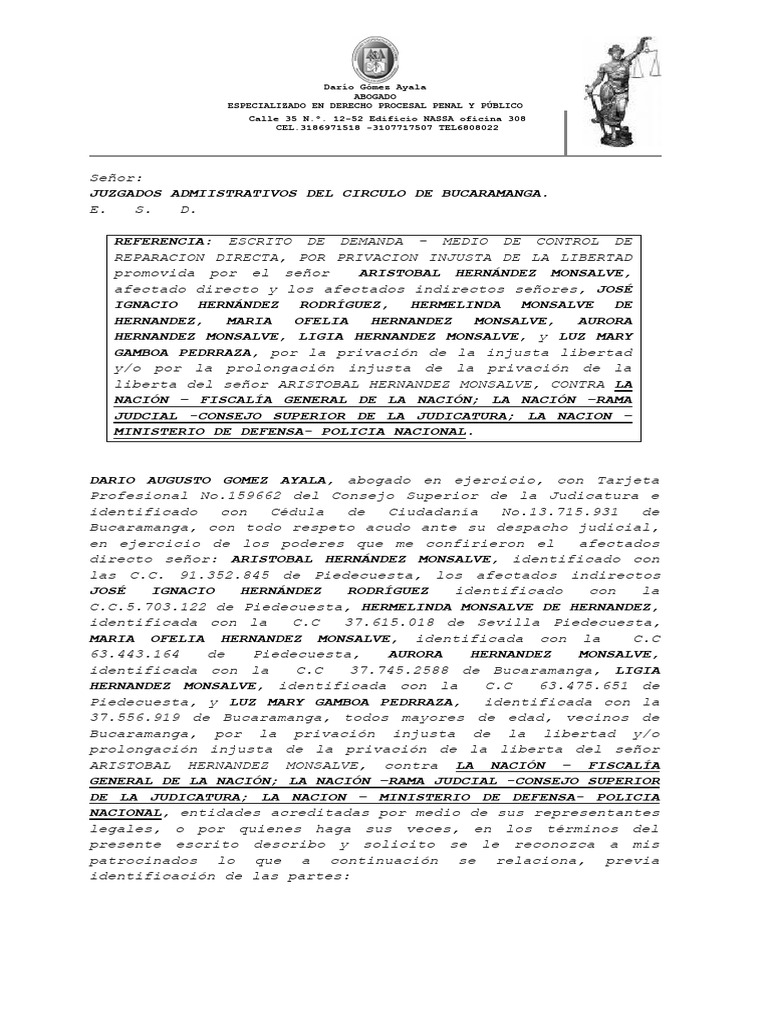Demanda Reparacion Directa Aristobal | PDF | Fiscal | Sentencia (ley)