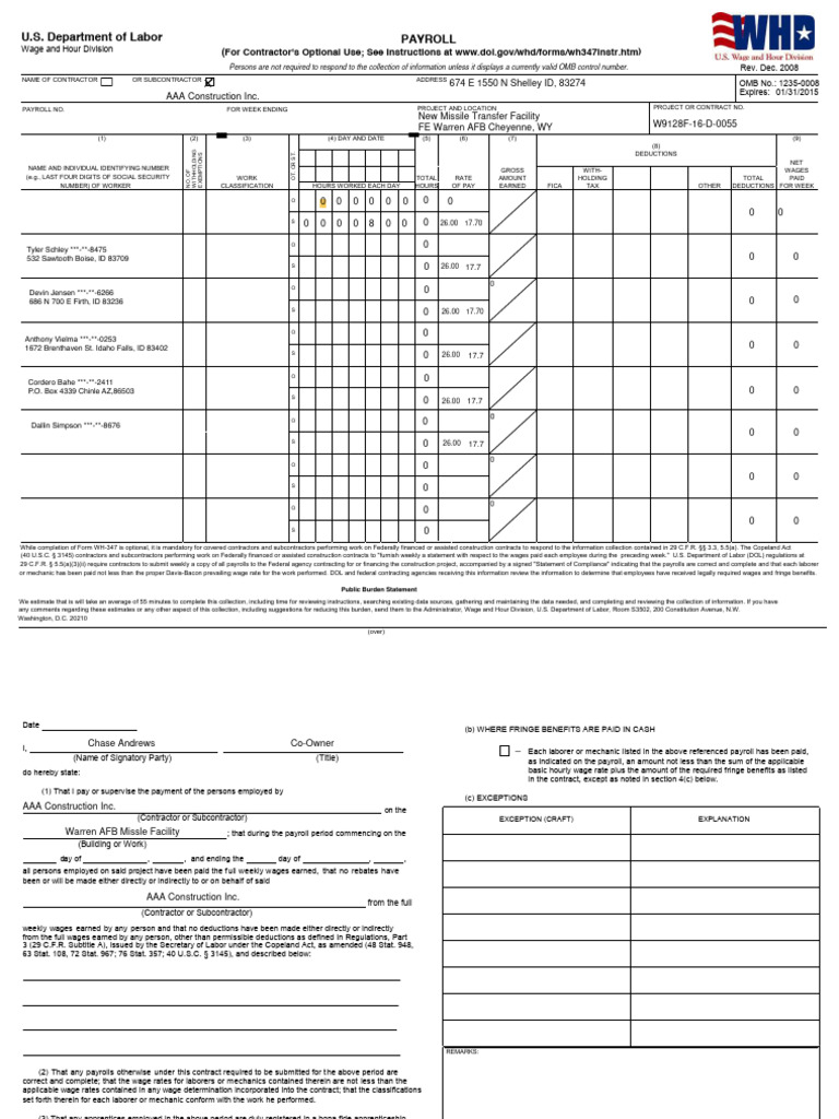 Cert. Payroll Form | PDF | Employment | Payroll Tax