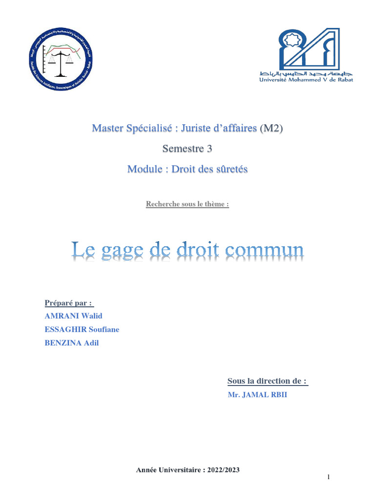 Le Gage Du Droit Commun | PDF | Débiteur | Droit des obligations