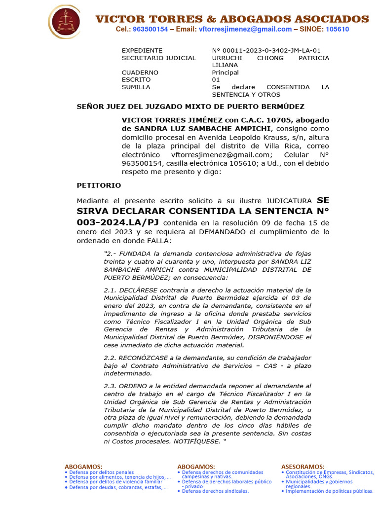 Escrito Pidiendo Se Declare Consentida La Sentencia PDF | PDF | Sentencia (ley) | Justicia