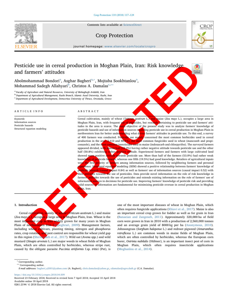 Pesticide Use in Cereal Production in Moghan Plain Iran Risk Knowledge ...