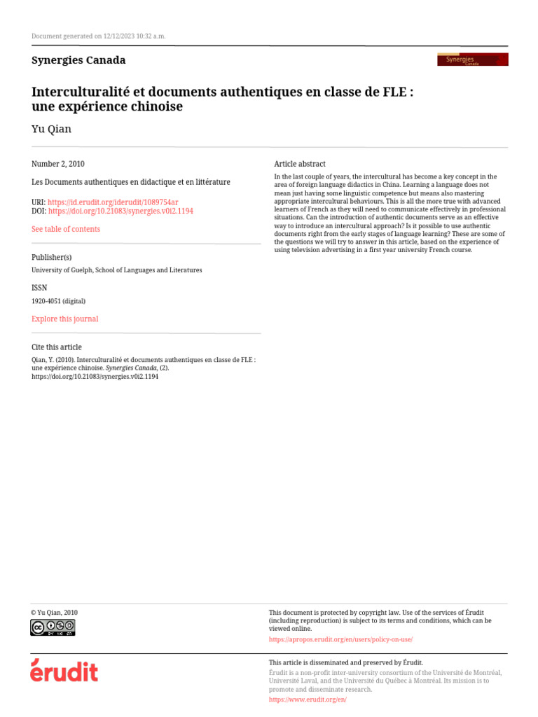 Interculturalité Et Documents Authentiques en Classe de FLE: Une ...