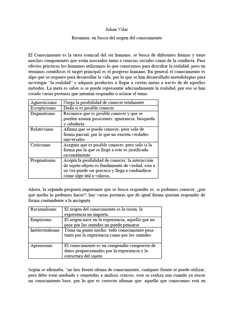 Tarea de Epistemología 1 Julian Vilac | PDF | Conocimiento | Experiencia Tarea de Epistemología 1 Julian Vilac | PDF | Conocimiento | Experiencia